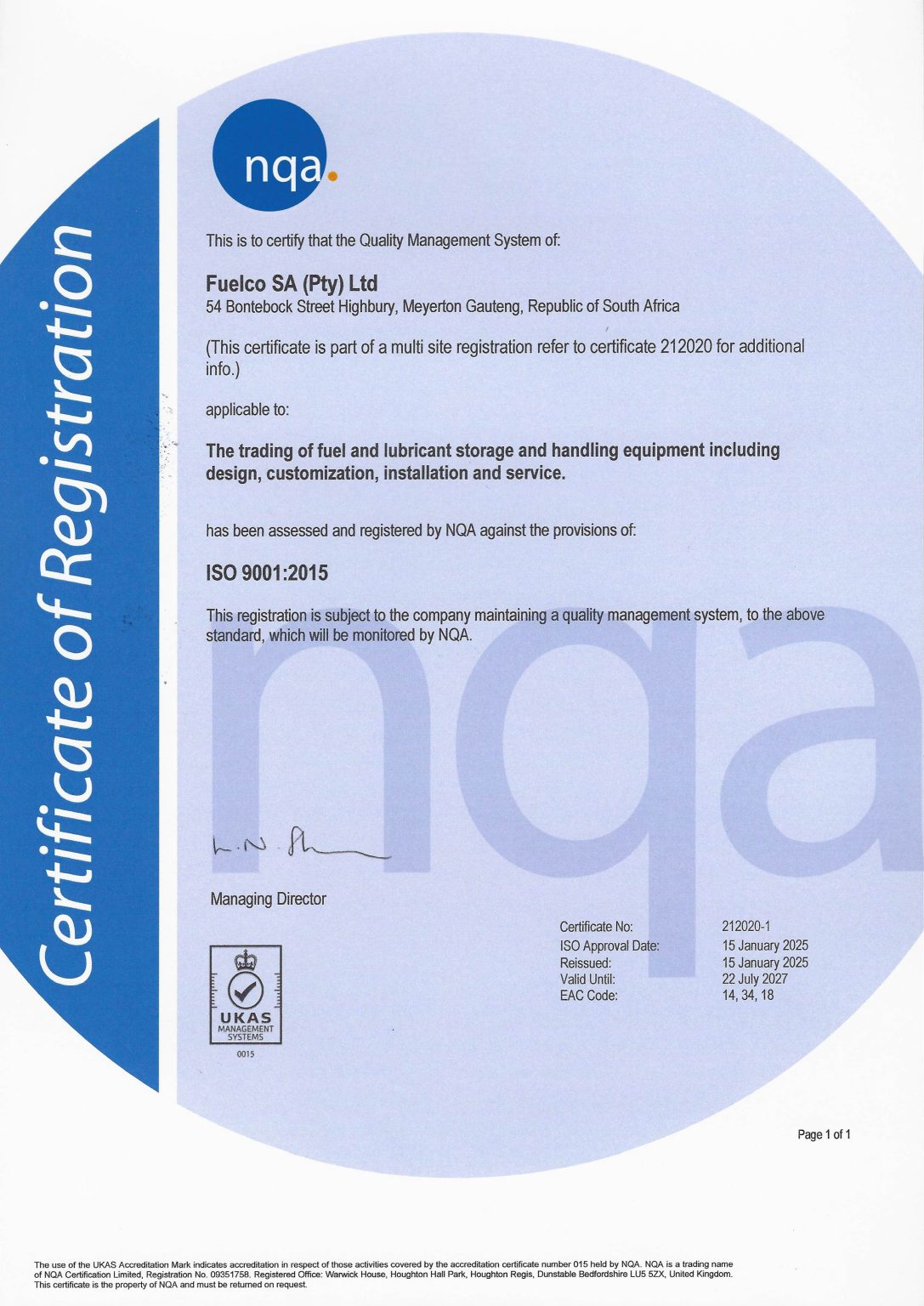 ISO Certificate – Fuelco SA | Self Bunded Tanks | Bulk Diesel Tanks ...